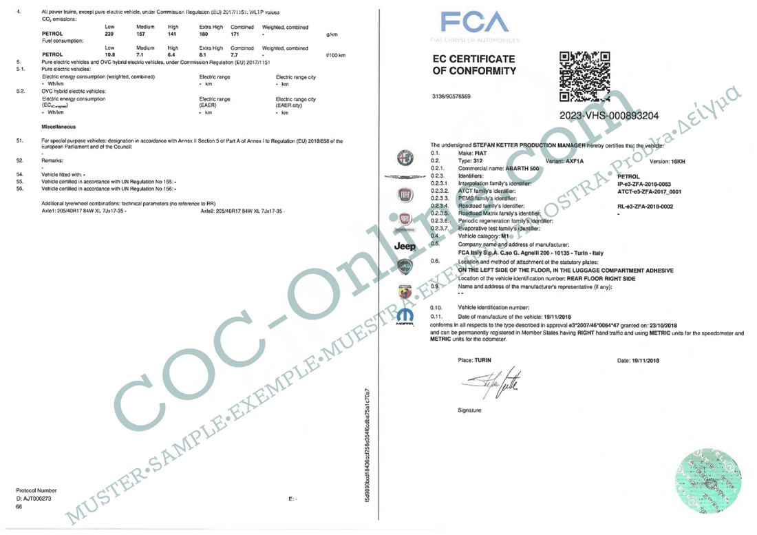 COC papers ABARTH car Certificate of conformity | Free shipping – COC ...
