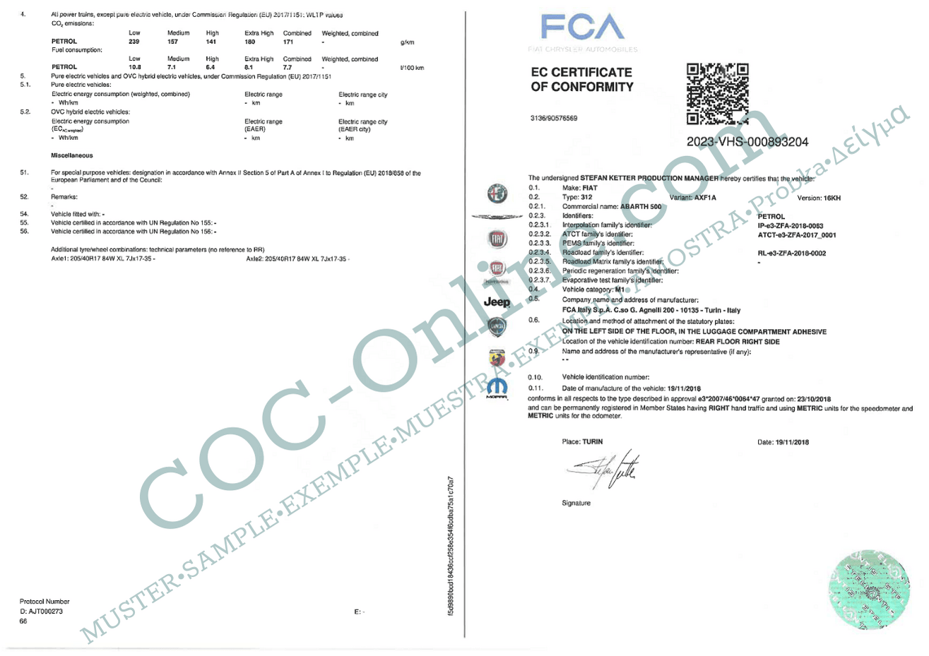 COC papers ABARTH car Certificate of conformity | Free shipping – COC ...