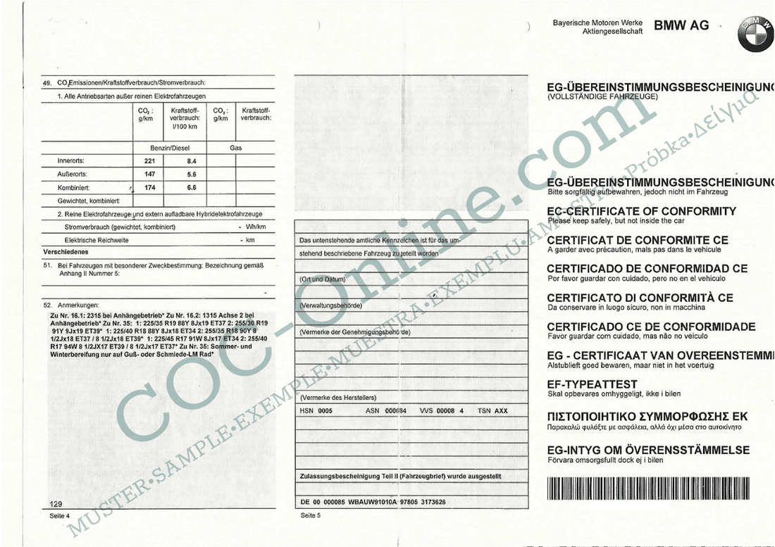 COC papers BMW car Certificate of conformity | Free shipping – COC-Online