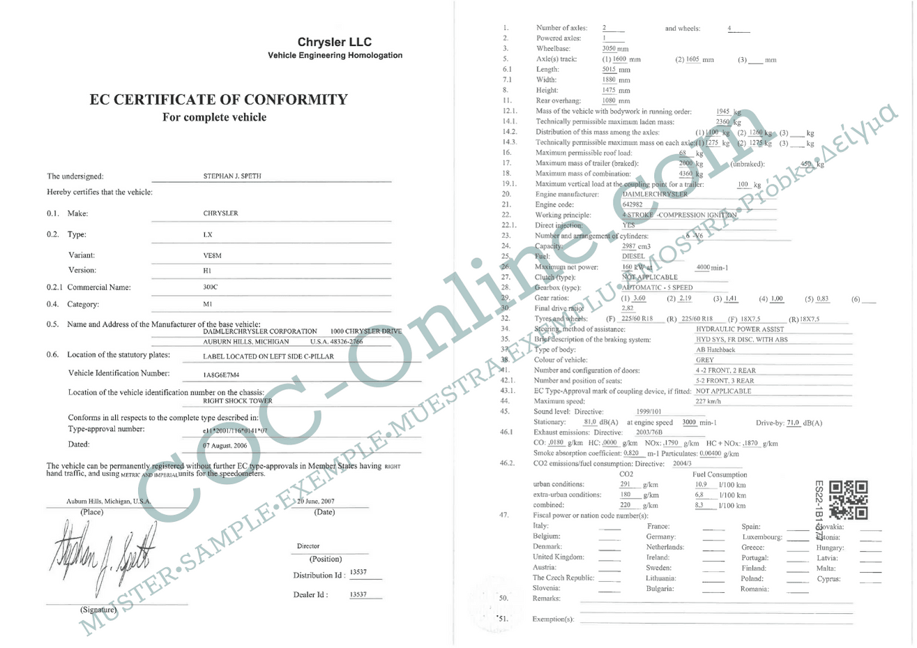 COC papers Chrysler car Certificate of conformity | Free shipping – COC ...