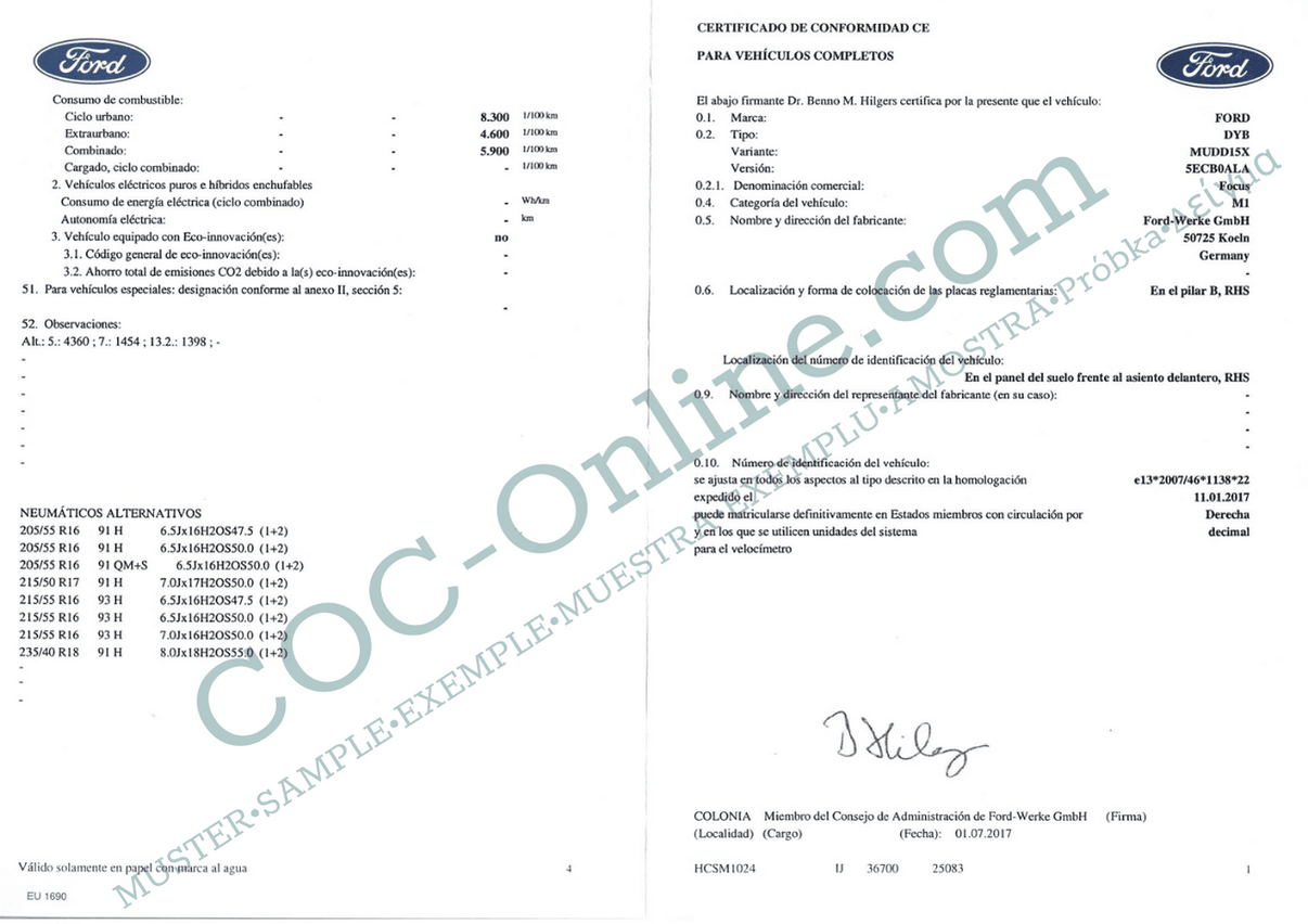 COC papers FORD car Certificate of conformity | Free shipping – COC-Online