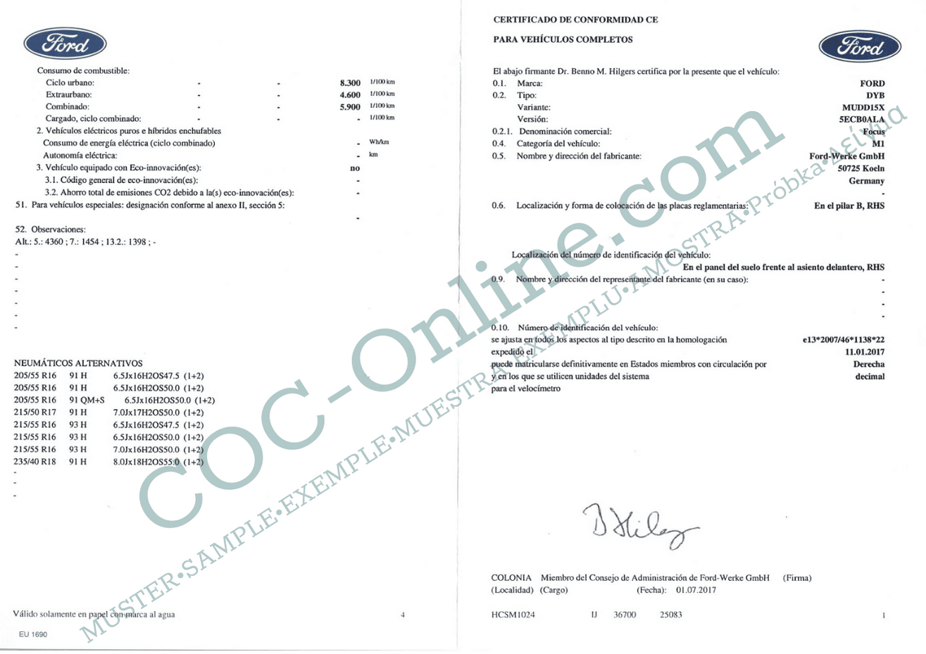 COC papers FORD car Certificate of conformity | Free shipping – COC-Online