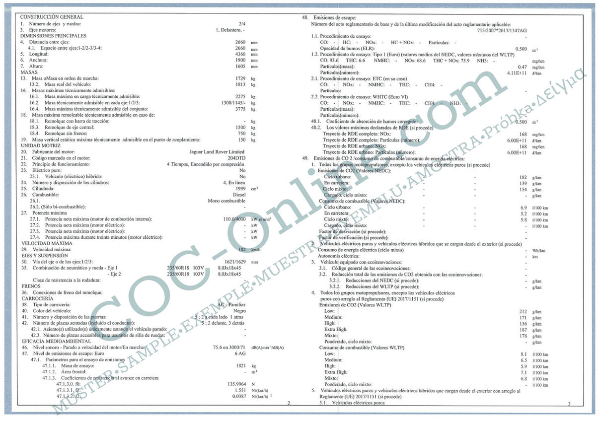 COC papers LAND ROVER car Certificate of conformity | Free shipping ...