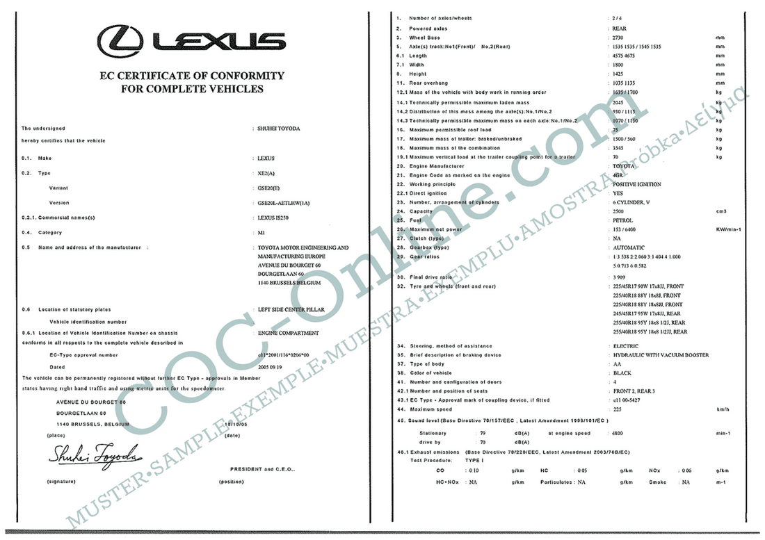 COC papers LEXUS car Certificate of conformity | Free shipping – COC-Online