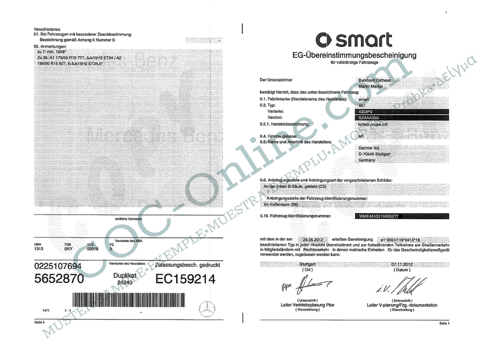 COC SMART car Certificate of conformity | Free shipping – COC-Online